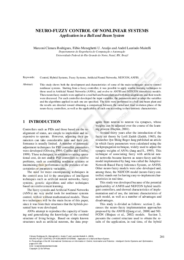 (PDF) Neuro-Fuzzy Control of Nonlinear Systems - Application in a Ball and Beam System