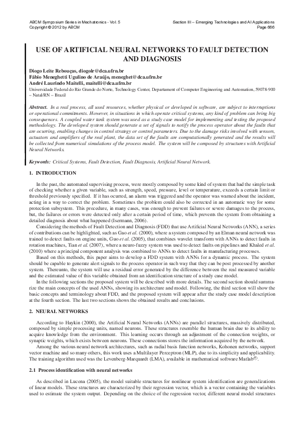 Pdf Use Of Artificial Neural Networks To Fault Detection And Diagnosis
