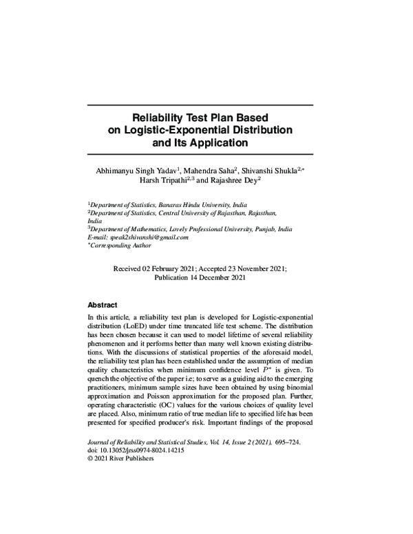 (PDF) Reliability Test Plan Based on Logistic-Exponential Distribution ...