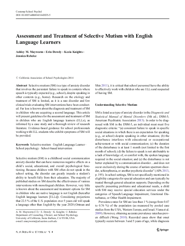 (PDF) Assessment and Treatment of Selective Mutism with English ...