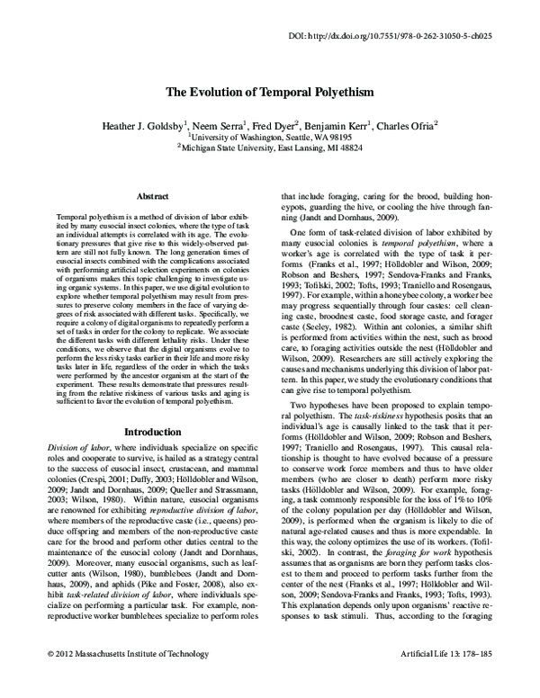 (PDF) The Evolution of Temporal Polyethism | Benjamin Kerr - Academia.edu