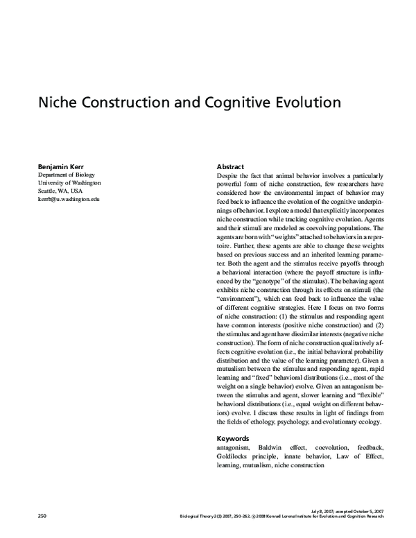 (PDF) Niche Construction and Cognitive Evolution | Benjamin Kerr ...