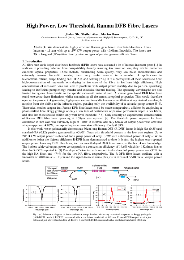 (PDF) High power, low threshold, Raman DFB fibre lasers