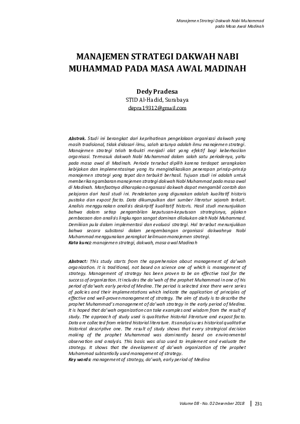 (PDF) Manajemen Strategi Dakwah Nabi Muhammad Pada Masa Awal Madinah