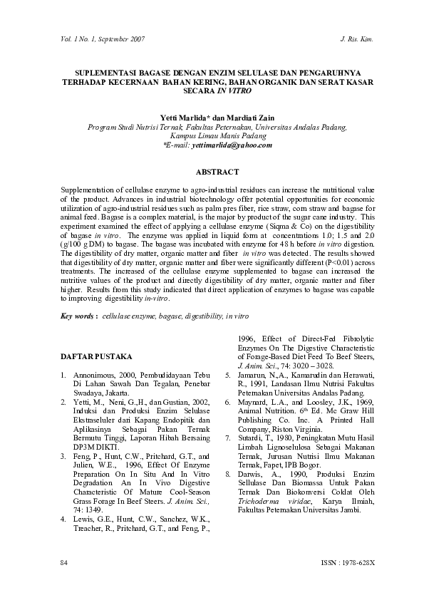 (PDF) Suplementasi Bagase Dengan Enzim Selulase Dan Pengaruhnya ...
