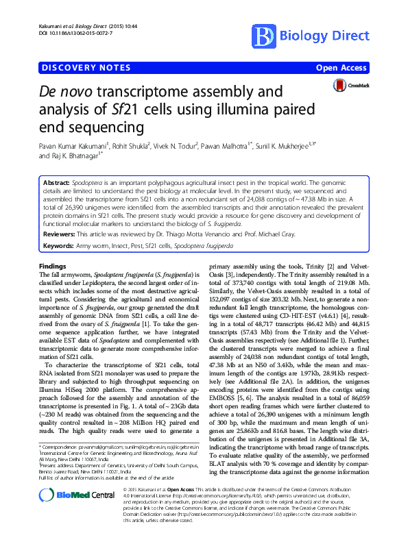 (PDF) De novo transcriptome assembly and analysis of Sf21 cells using ...