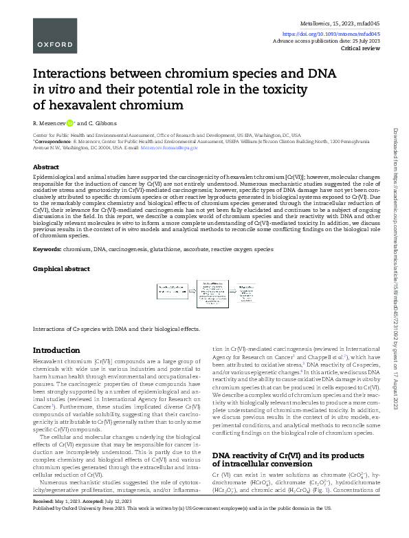 (PDF) Interactions between chromium species and DNA in vitro and their potential role in the ...