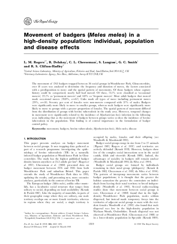 (PDF) Movement of badgers (Meles meles) in a high–density population ...
