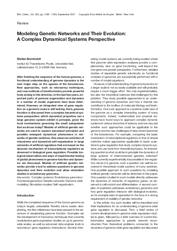 (PDF) Modeling Genetic Networks and Their Evolution: A Complex Dynamical Systems Perspective