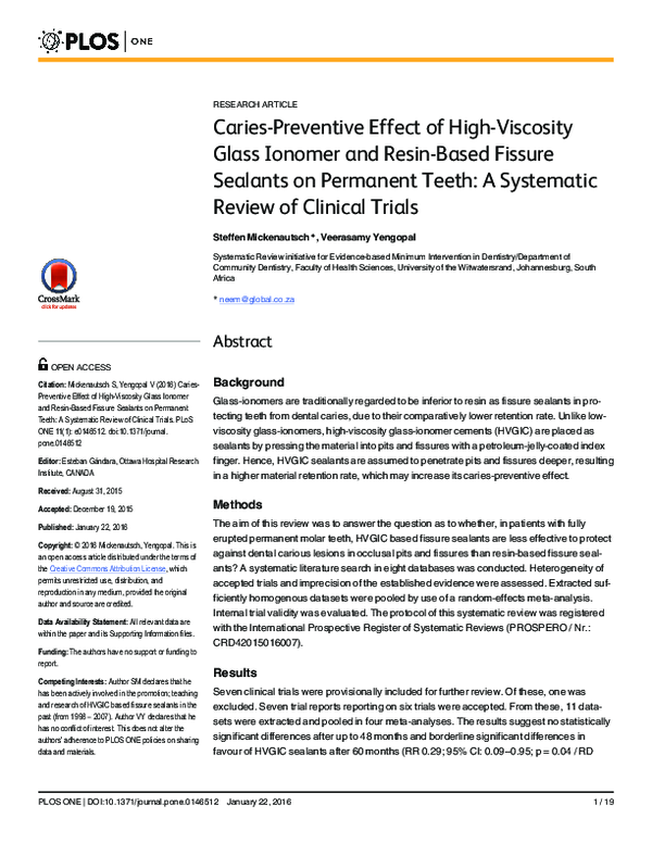 Pdf Caries Preventive Effect Of High Viscosity Glass Ionomer And Resin Based Fissure Sealants