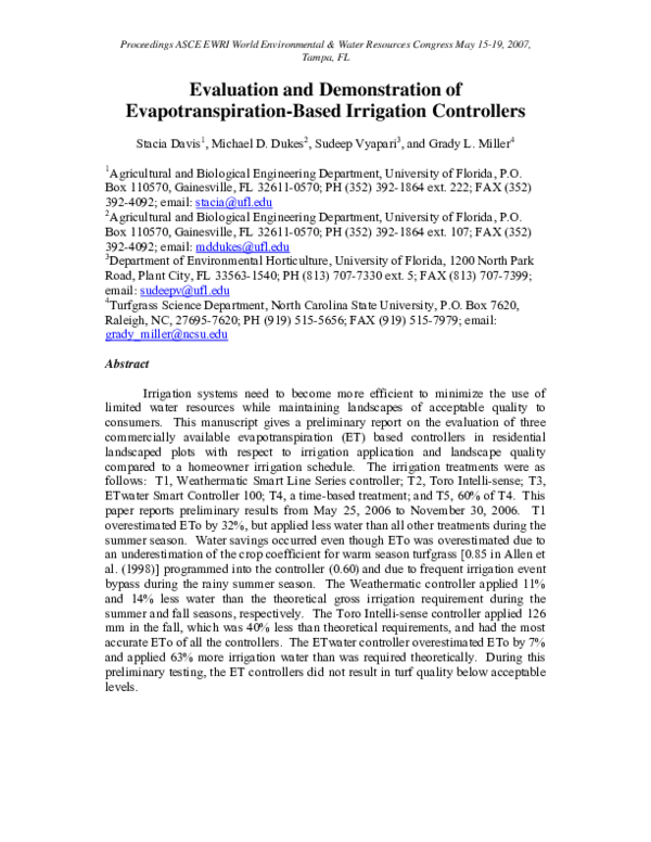 (PDF) Evaluation and Demonstration of Evapotranspiration-Based Irrigation Controllers