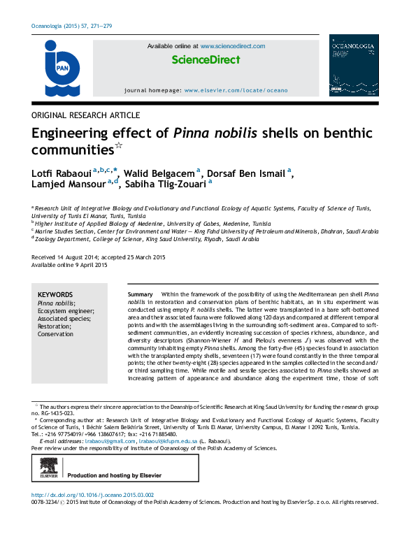 (PDF) Engineering effect of Pinna nobilis shells on benthic communities