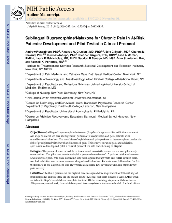 (PDF) Sublingual buprenorphine/naloxone for chronic pain in at-risk patients: Development and ...