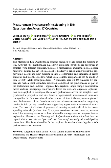(PDF) Measurement Invariance of the Meaning in Life Questionnaire ...