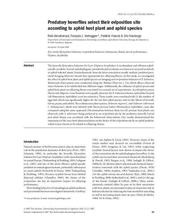 (PDF) Predatory hoverflies select their oviposition site according to ...