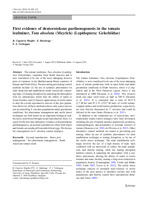 (PDF) First evidence of deuterotokous parthenogenesis in the tomato leafminer, Tuta absoluta ...