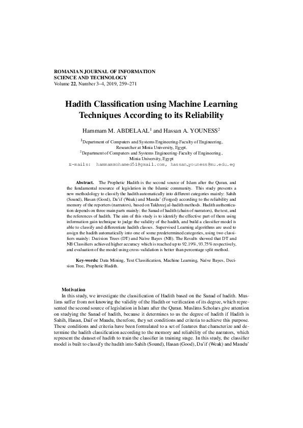 (PDF) Hadith Classification using Machine Learning Techniques According to its Reliability ...