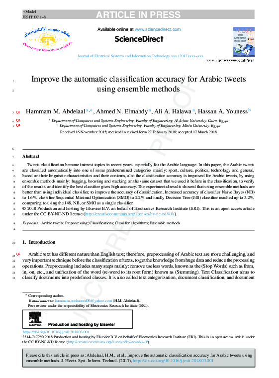 (PDF) Improve the automatic classification accuracy for Arabic tweets using ensemble methods ...