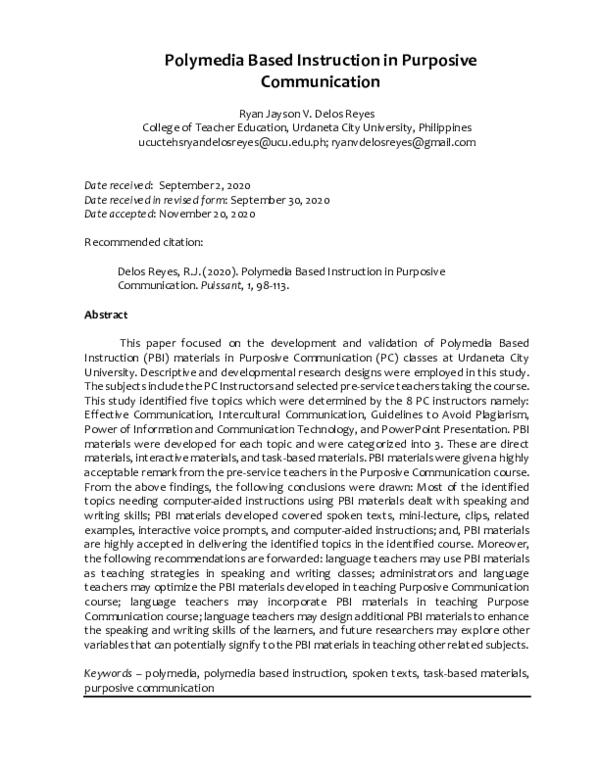 (PDF) Polymedia Based Instruction in Purposive Communication