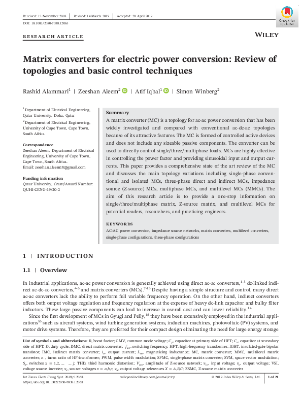 (PDF) Matrix converters for electric power conversion: Review of topologies and basic control ...