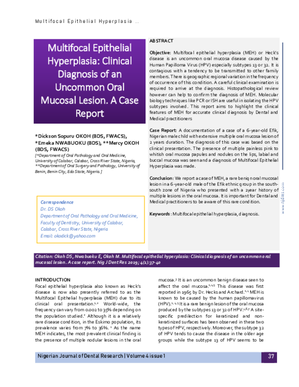 (PDF) Multifocal Epithelial Hyperplasia: Clinical Diagnosis of an ...