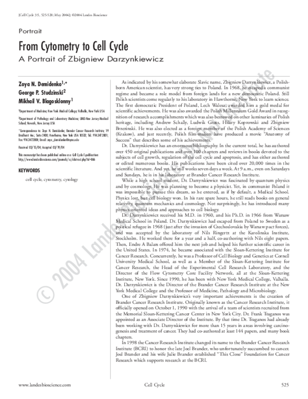 (PDF) From Cytometry to Cell Cycle—A Portrait of Zbigniew Darzynkiewicz