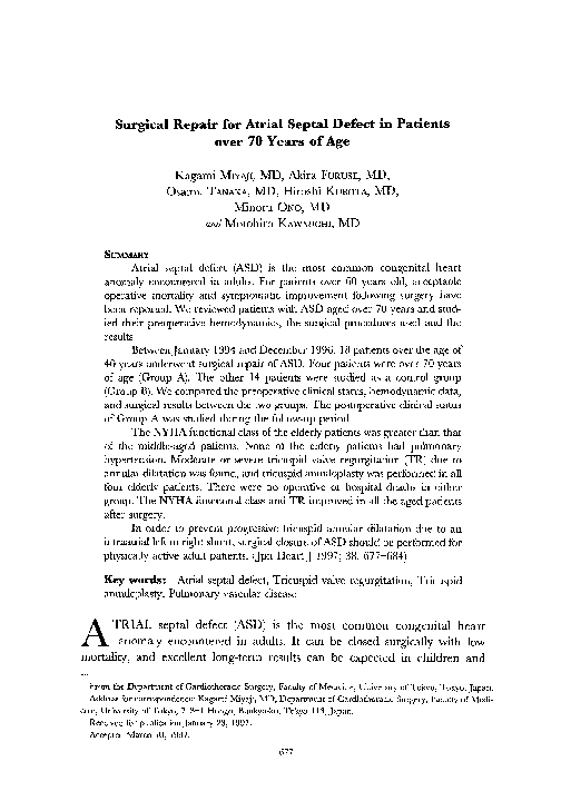 (PDF) Surgical Repair for Atrial Septal Defect in Patients over 70 ...