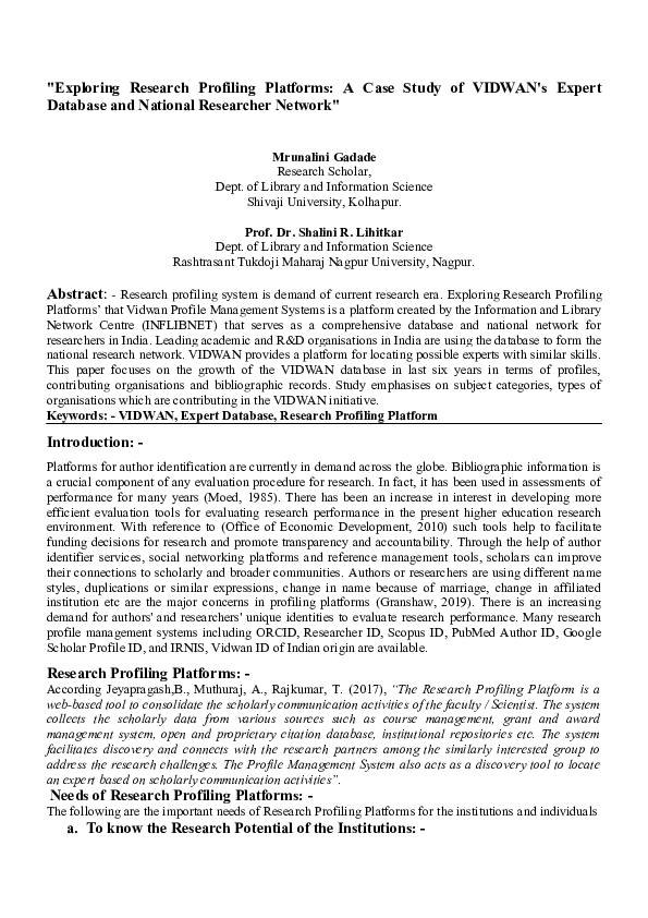 (DOC) "Exploring Research Profiling Platforms: A Case Study of VIDWAN's ...