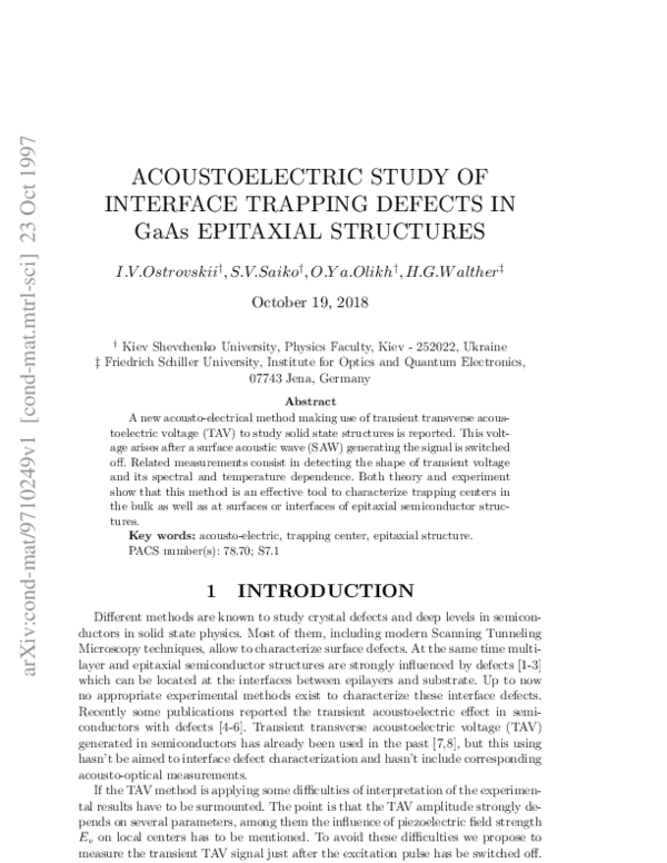 (PDF) Acousto-electric study of interface trapping defects in GaAs epitaxial structures