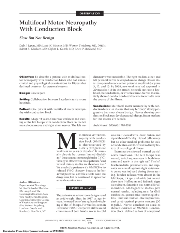 Pdf Multifocal Motor Neuropathy With Conduction Block