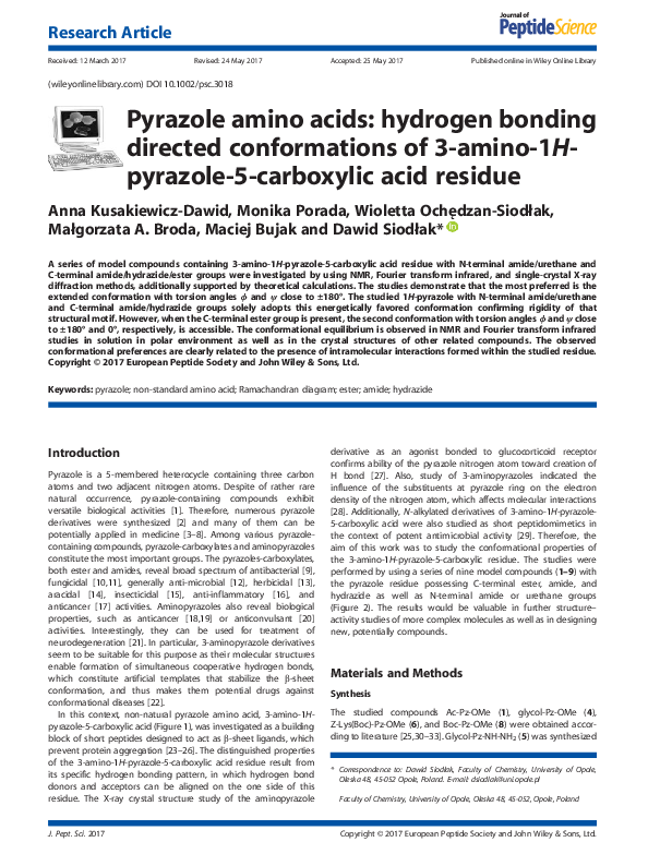 (PDF) Pyrazole amino acids: hydrogen bonding directed conformations of 3-amino-1H-pyrazole-5 ...
