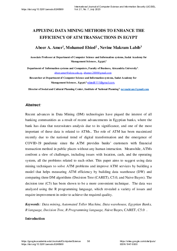 (PDF) APPLYING DATA MINING METHODS TO ENHANCE THE EFFICIENCY OF ATM TRANSACTIONS IN EGYPT
