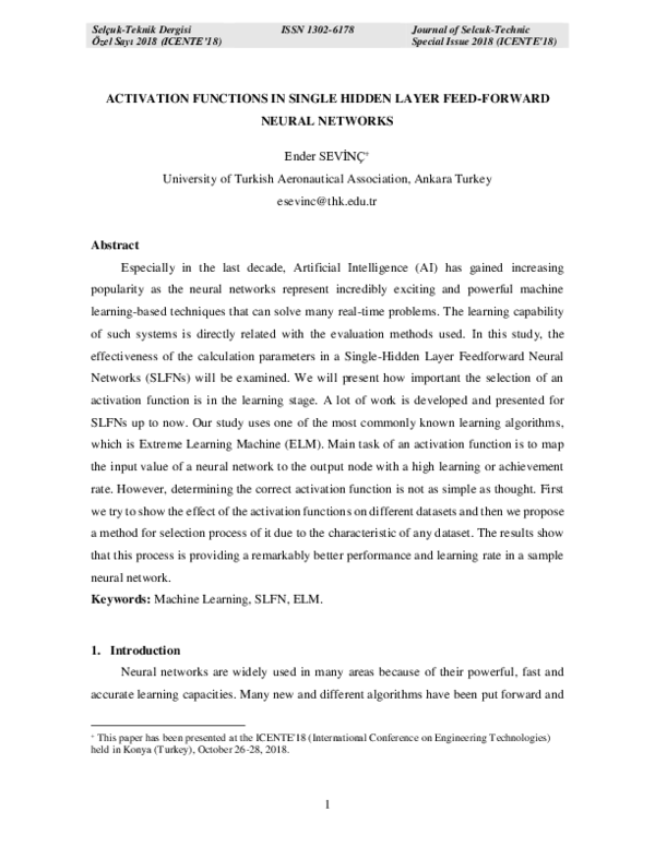 (PDF) 1 Activation Functions in Single Hidden Layer Feed-Forward Neural Networks