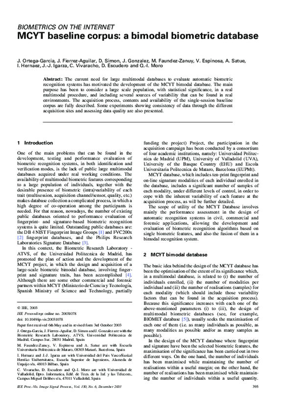 (PDF) MCYT baseline corpus: a bimodal biometric database | Carlos Vivaracho - Academia.edu
