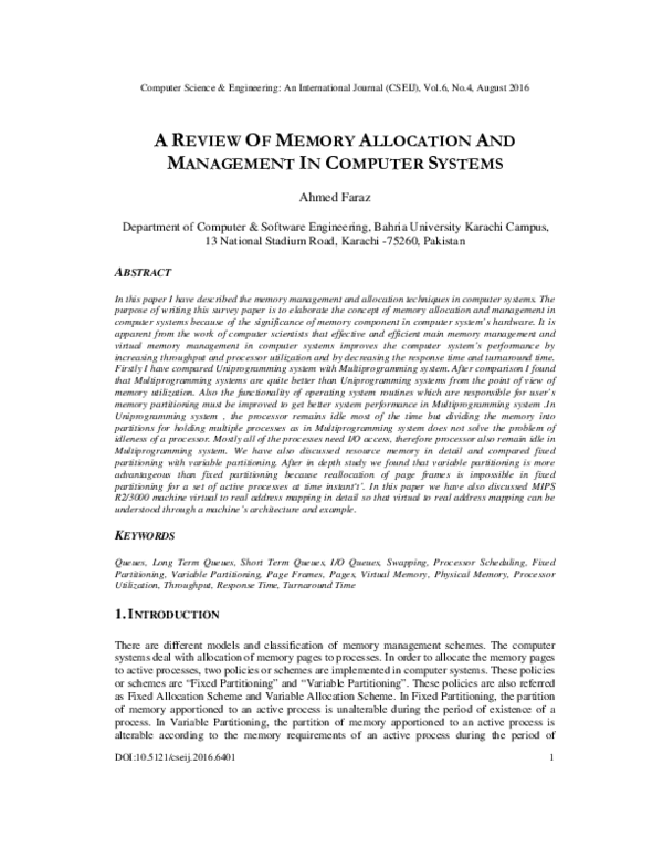 (PDF) A Review of Memory Allocation and Management in Computer Systems