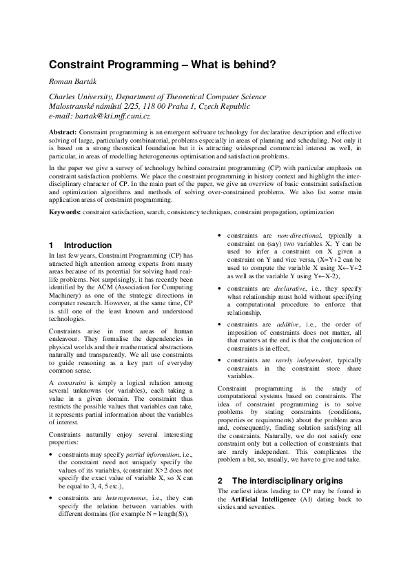 Pdf Constraint Programming What Is Behind