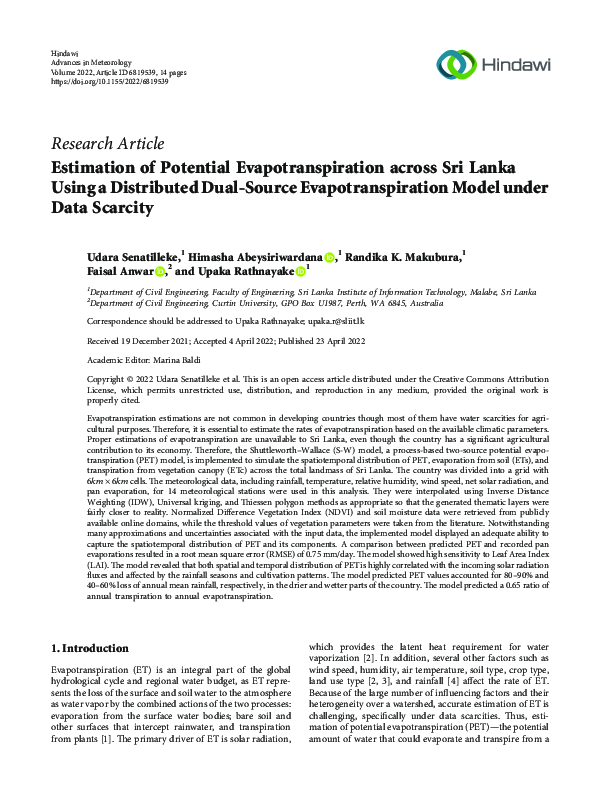 (PDF) Estimation of Potential Evapotranspiration across Sri Lanka Using a Distributed Dual ...