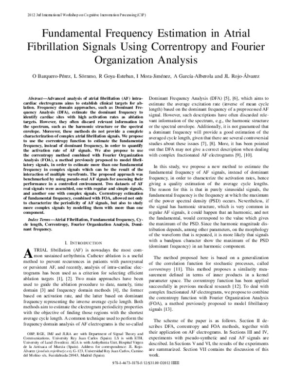 Pdf Fundamental Frequency Estimation In Atrial Fibrillation Signals Using Correntropy And
