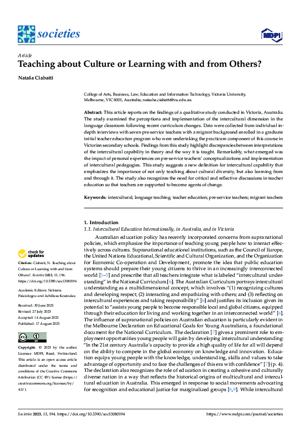(PDF) Teaching about Culture or Learning with and from Others