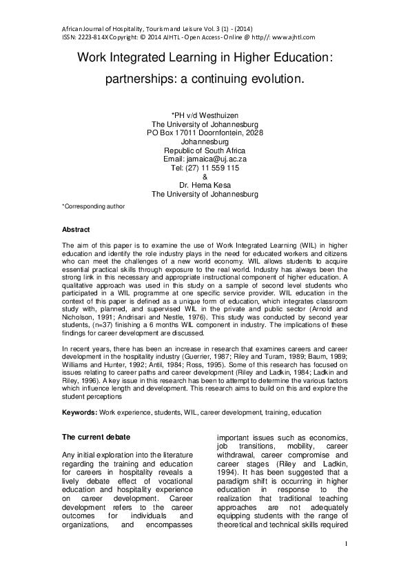 (PDF) Work Integrated Learning in Higher Education: partnerships: a ...