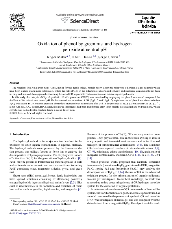 (PDF) Oxidation of phenol by green rust and hydrogen peroxide at neutral pH