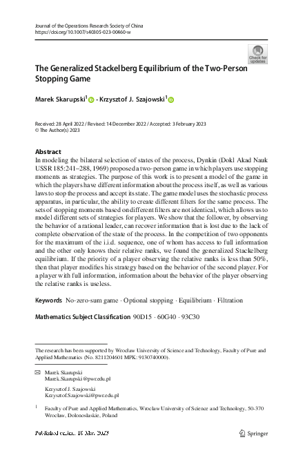 (PDF) The Generalized Stackelberg Equilibrium of the Two-Person Stopping Game