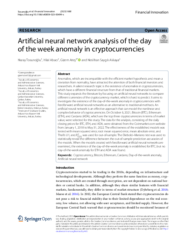 (PDF) Artificial neural network analysis of the day of the week anomaly in cryptocurrencies