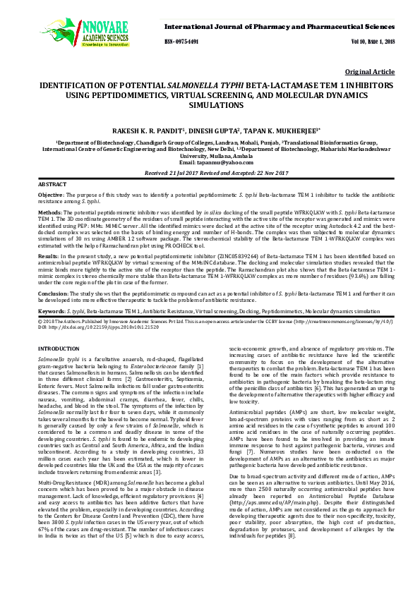 (PDF) IDENTIFICATION OF POTENTIAL SALMONELLA TYPHI BETA-LACTAMASE TEM 1 ...