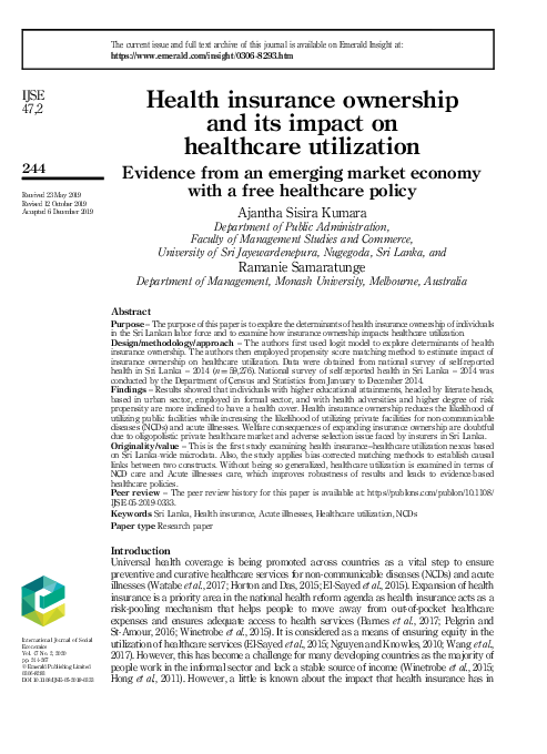 (PDF) Health insurance ownership and its impact on healthcare utilization