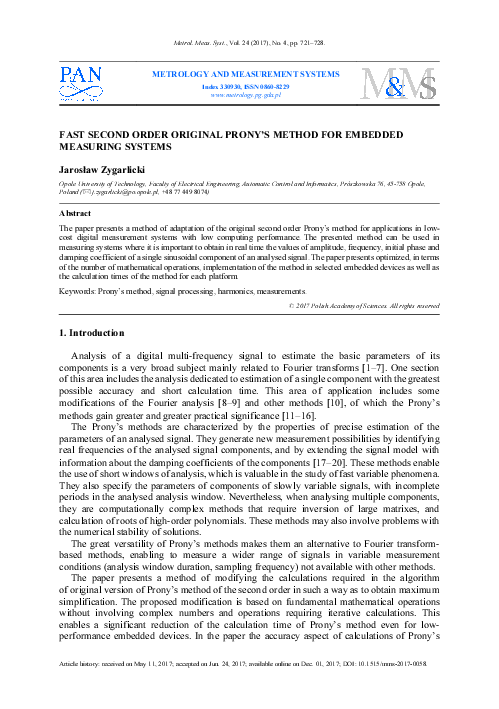 (PDF) Fast Second Order Original Prony’s Method for Embedded Measuring Systems | Jarosław ...