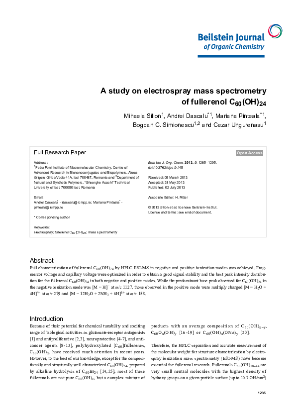 (PDF) A study on electrospray mass spectrometry of fullerenol C60(OH)24