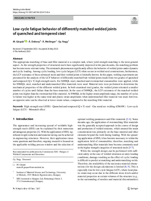 (PDF) Low-cycle fatigue behavior of differently matched welded joints of quenched and tempered steel