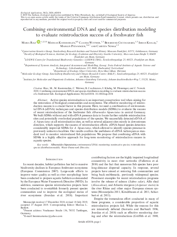 Pdf Combining Environmental Dna And Species Distribution Modeling To Evaluate Reintroduction