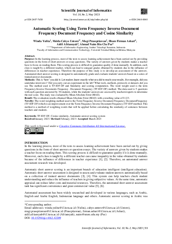 (PDF) Automatic Scoring Using Term Frequency Inverse Document Frequency Document Frequency and ...